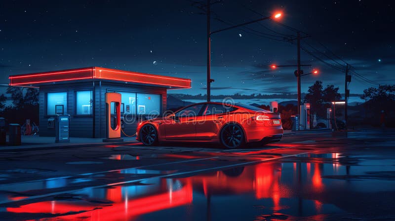 Red Electric Car at EV Station in the Night Illustration Stock ...