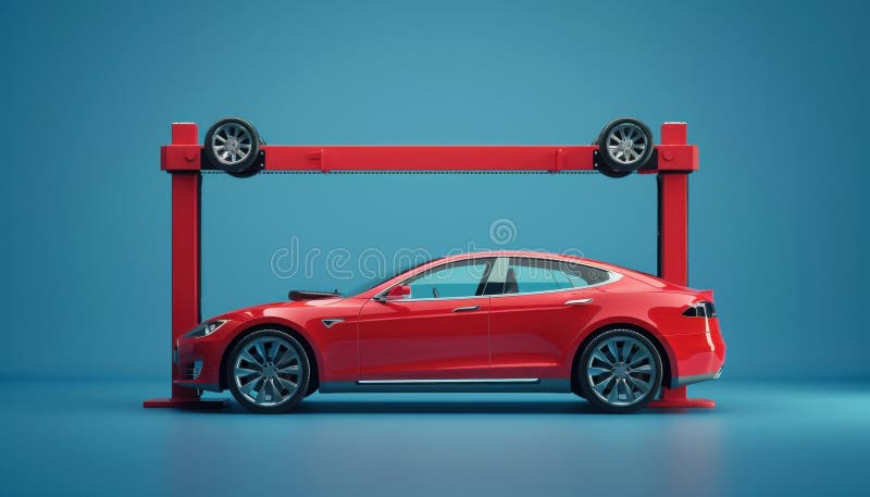 Red Electric Car on a Lift in a Modern Garage Setting during Daylight ...