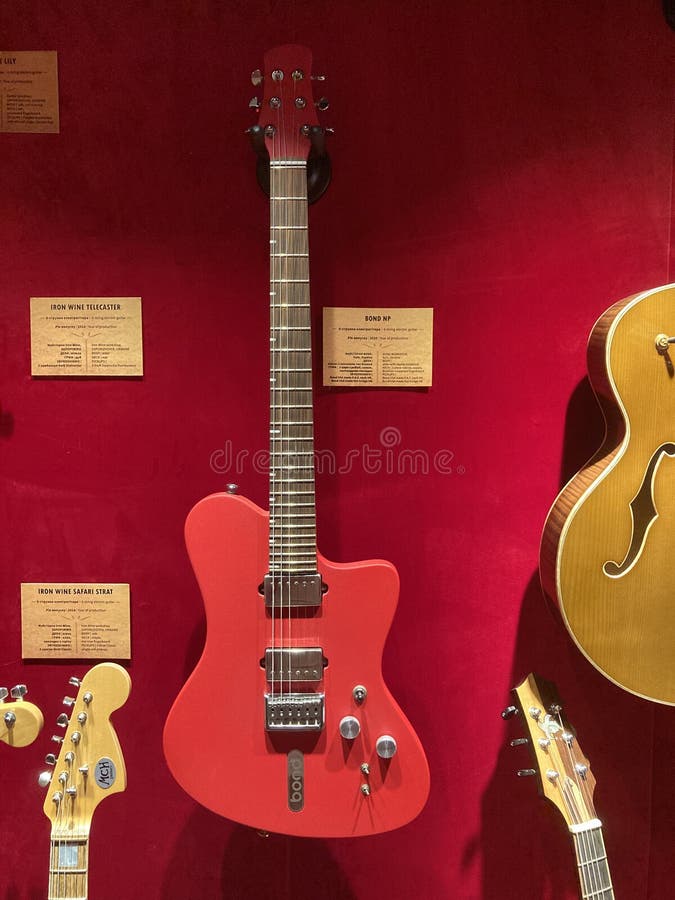 Red Electric Guitar Displayed Horizontally on a Red Surface, Covered by ...