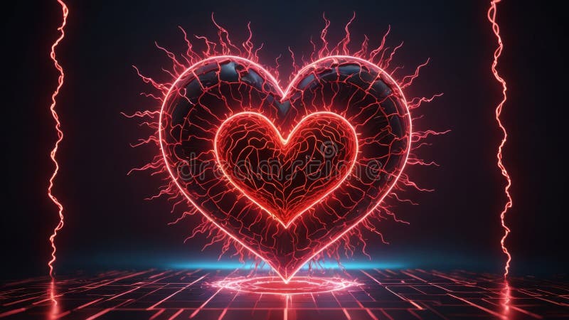 Red Electric Heart with Neon Glow on Digital Grid, Symbolizing Love and ...