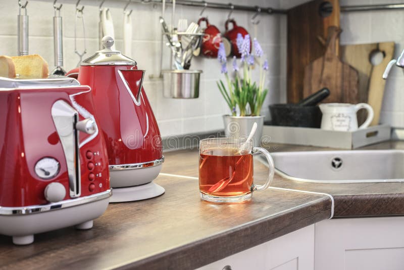 Red Electric Kettle and Toaster in Retro Slile Stock Image - Image of ...