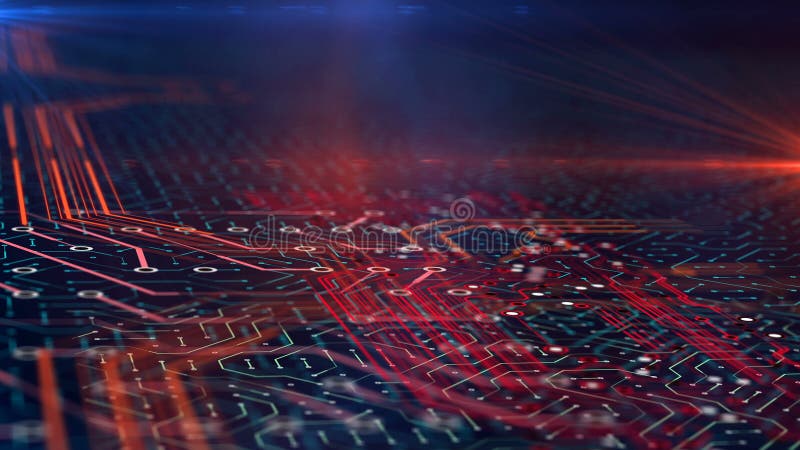 Red Electric Microchip Board with Circuit Electrons Moving, Modern ...