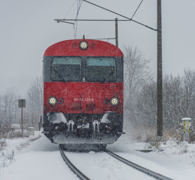 Red Electric Train in Ceske Budejovice in Snow Day Editorial Stock ...
