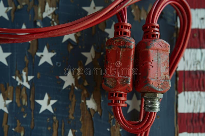 Red Electrical Cable and Connectors Hanging on a Rustic American Flag ...