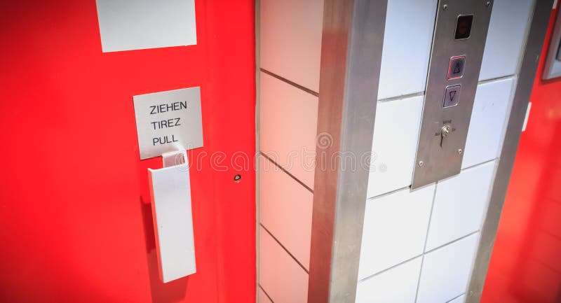 Red Elevator Door Where it is Written Pull Stock Photo - Image of ...