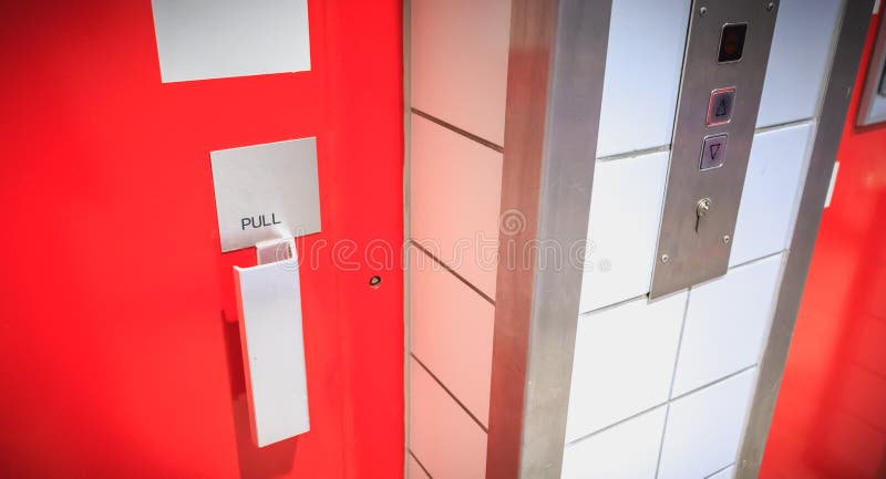 Red Elevator Door Where it is Written Pull Stock Image - Image of ...