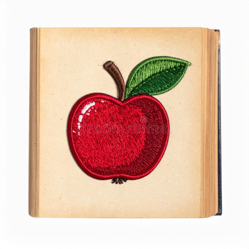 Red Embroidered Apple Patch on Vintage Book Pages Stock Illustration ...