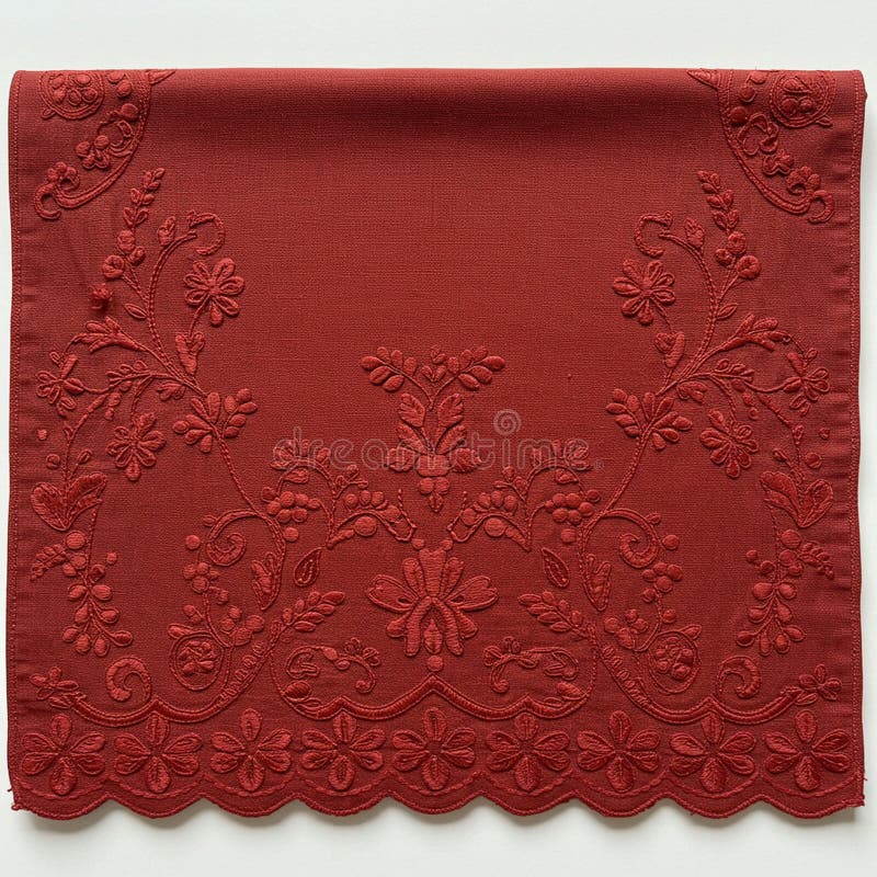 Red Embroidered Fabric Featuring Intricate Floral Patterns. the Design ...