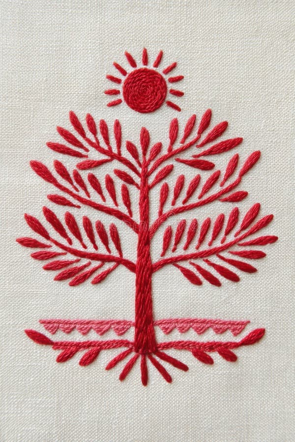 Red Embroidery of a Stylized Tree of Life with Sun and Roots Growing ...