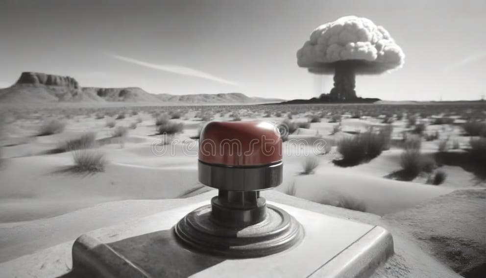 Red Emergency Button in Desert with a Nuclear Explosion in Distance. a ...