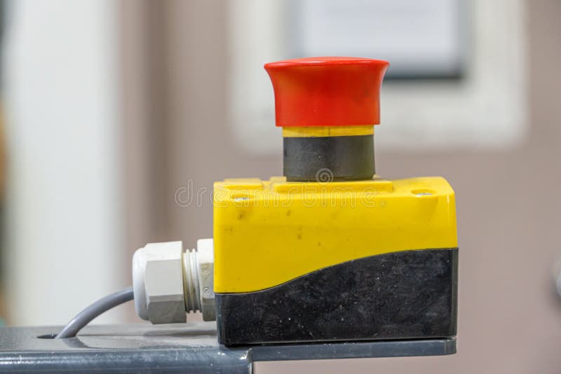 Red Emergency Cutoff Stop Button on a Factory Machine Equipment Stock ...