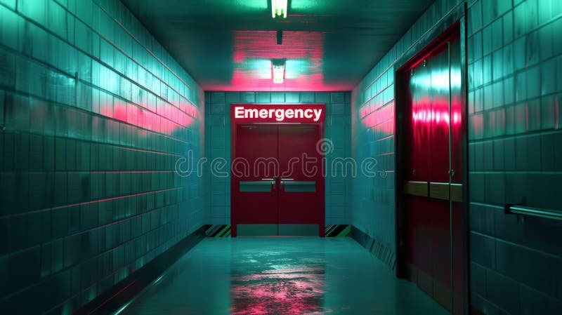 Red Emergency Lighting in Dim Hospital Corridor Stock Illustration ...