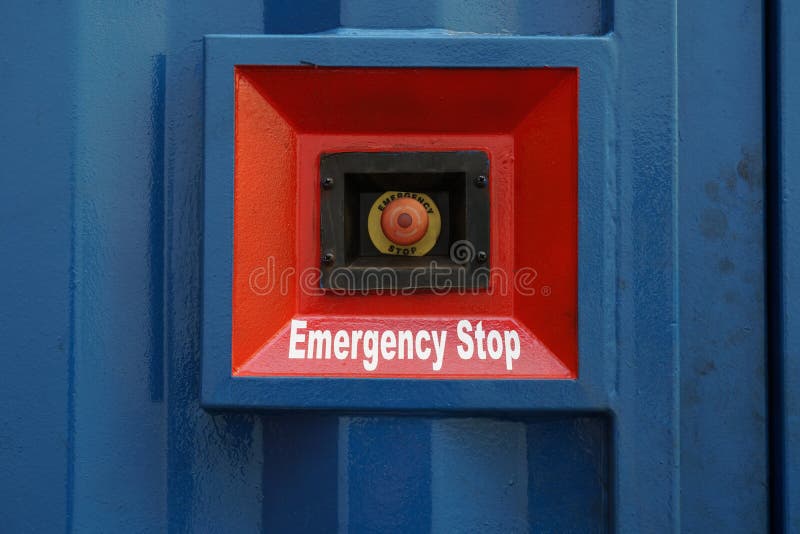 Red Emergency Stop Button Placed on the Wall of Blue Container of ...