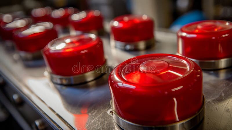 Red Emergency Stop Buttons on Industrial Machinery, Close-up View Stock ...