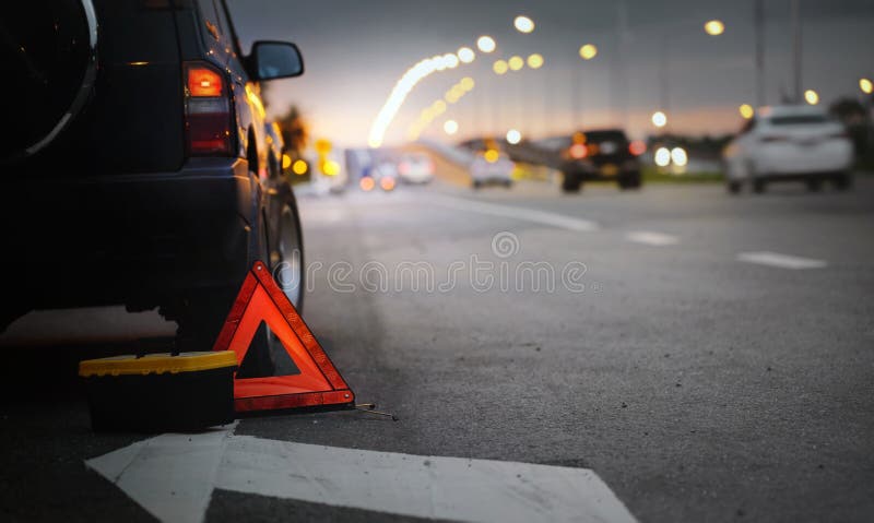 Red Emergency Stop Sign Red Triangle Warning Sign and Broken Black SUV ...