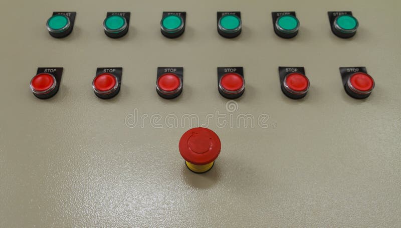 Red Emergency and Stop Switch with Green Start Buttons. Stock Photo ...