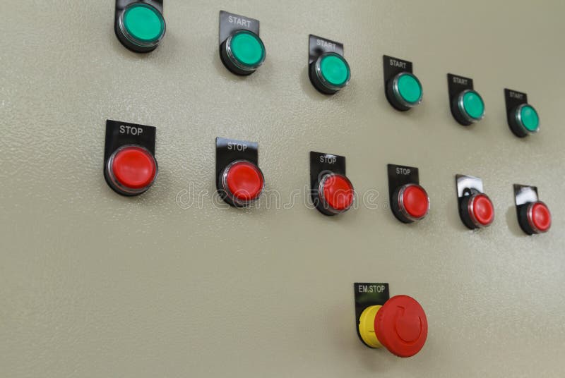 Red Emergency and Stop Switch with Green Start Buttons. Stock Photo ...