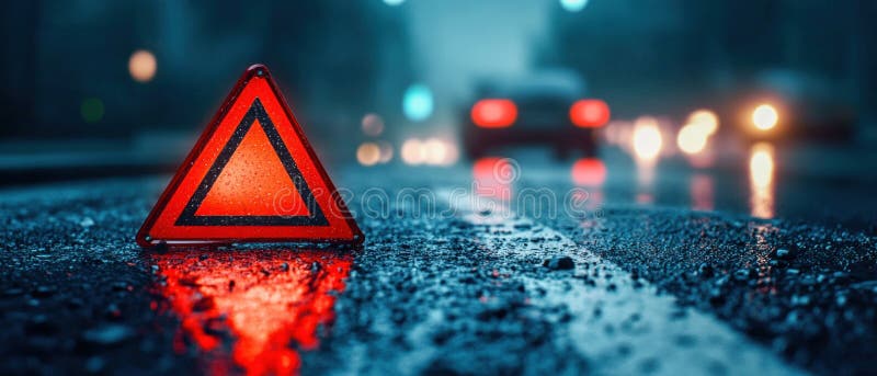 Red Emergency Triangle Reflecting in the Rain at Night Stock ...
