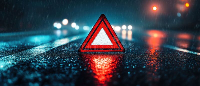 Red Emergency Triangle Reflecting in the Rain at Night Stock ...