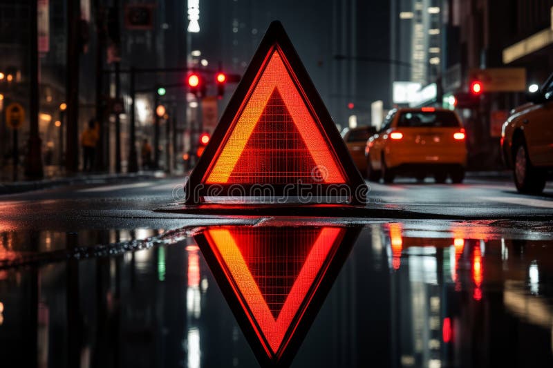 Red Emergency Triangle Reflecting in Rain during Nighttime a Cautionary ...