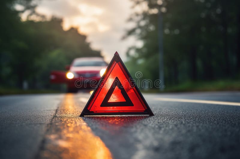 A Red Emergency Triangle on the Road in Front of a Car after an ...