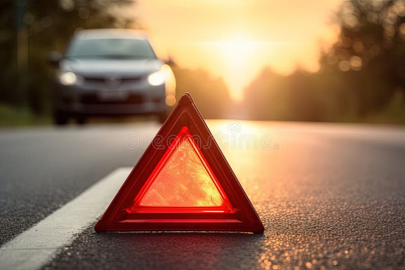A Red Emergency Triangle on the Road in Front of a Car after an ...