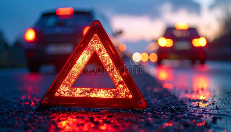 Red Emergency Triangle on Wet Road at Night Stock Illustration ...