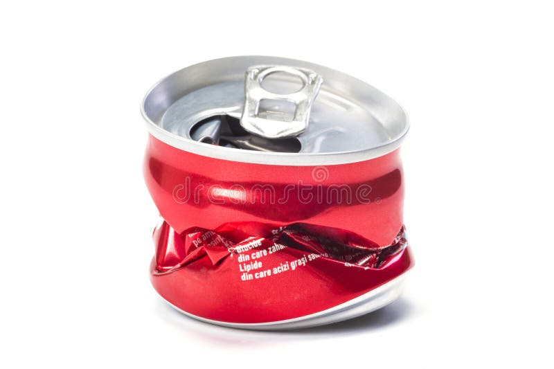 A Red Empty Broken Aluminum Can at the White Background, a Close Up ...