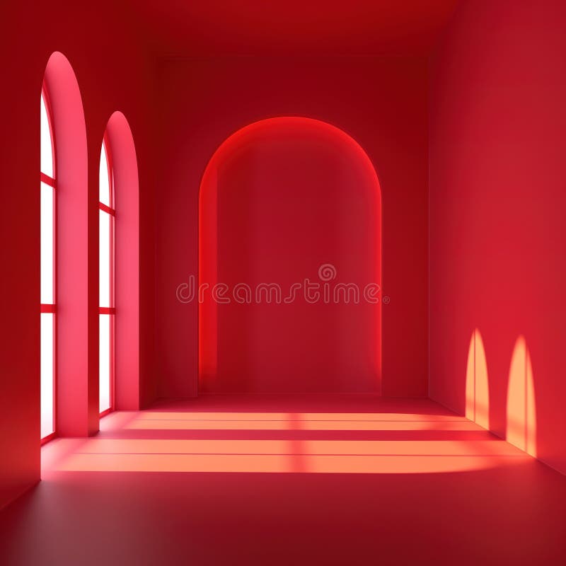 Red Empty Room with Arch Windows. Stock Illustration - Illustration of ...