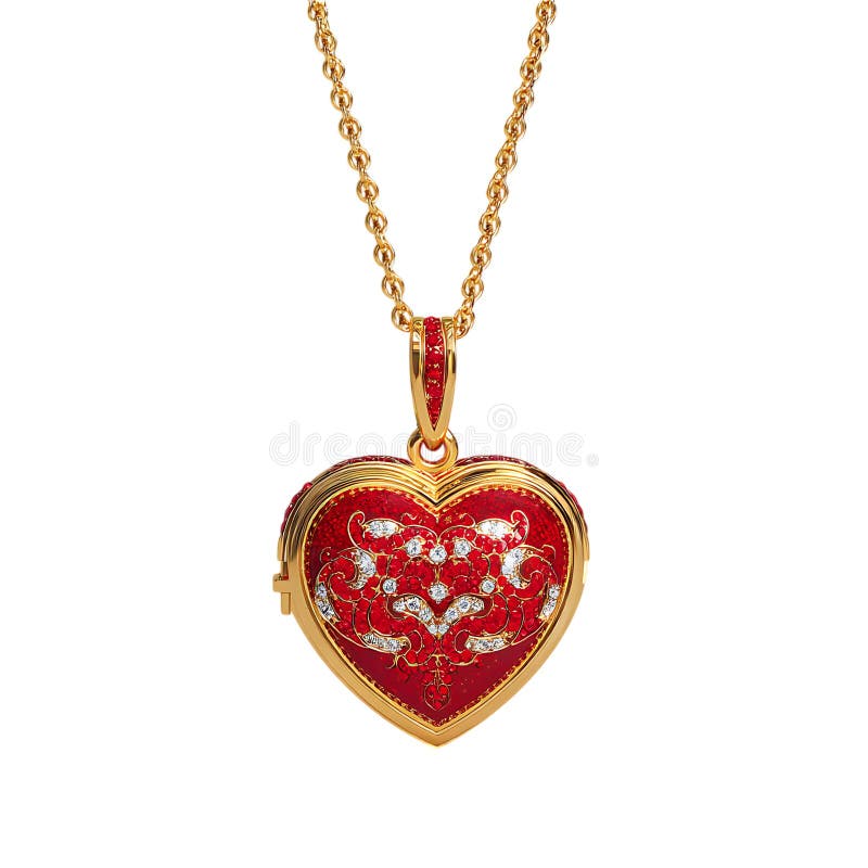 Red Enamel Heart Locket Gold Chain Diamond Accent on Transparent ...