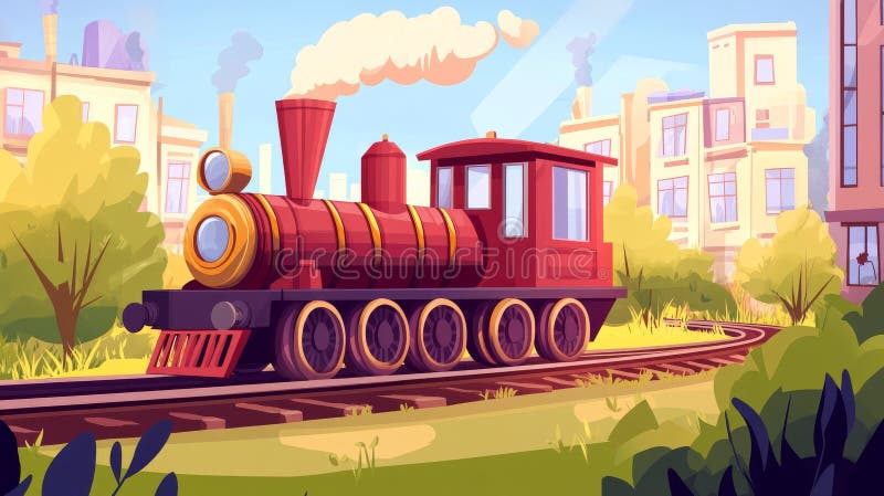 A Red Engine Moves Along the Tracks, with Smoke Rising from Its Engine ...