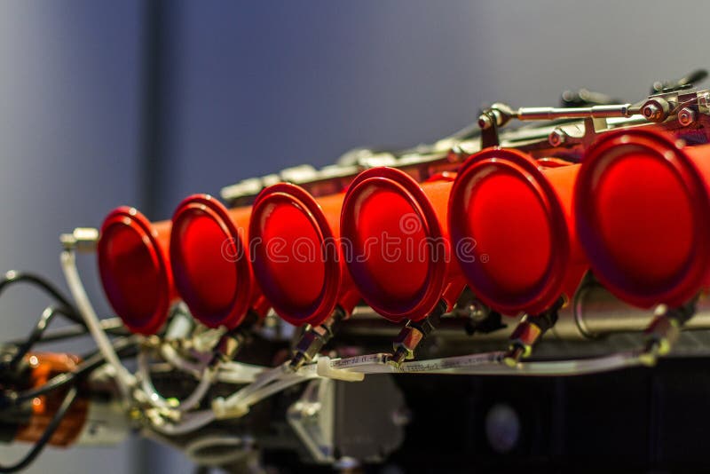 Red engine pipes editorial stock photo. Image of muscle - 129229273
