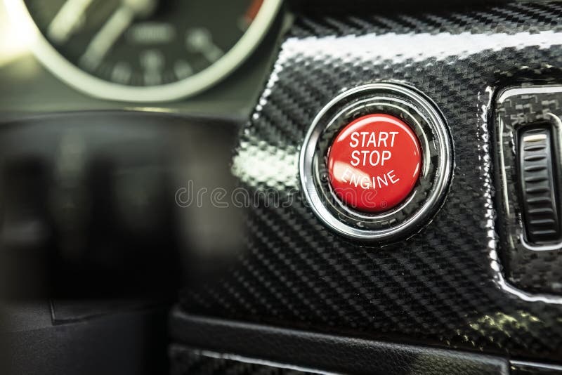Red Engine Start Button Detail. Car Dashboard with Focus on Red Engine ...