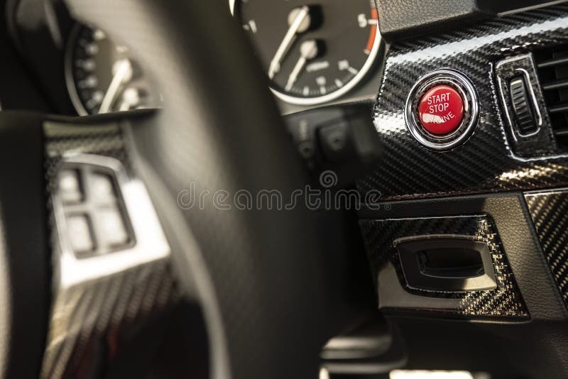 Red Engine Start Button Detail. Car Dashboard with Focus on Red Engine ...