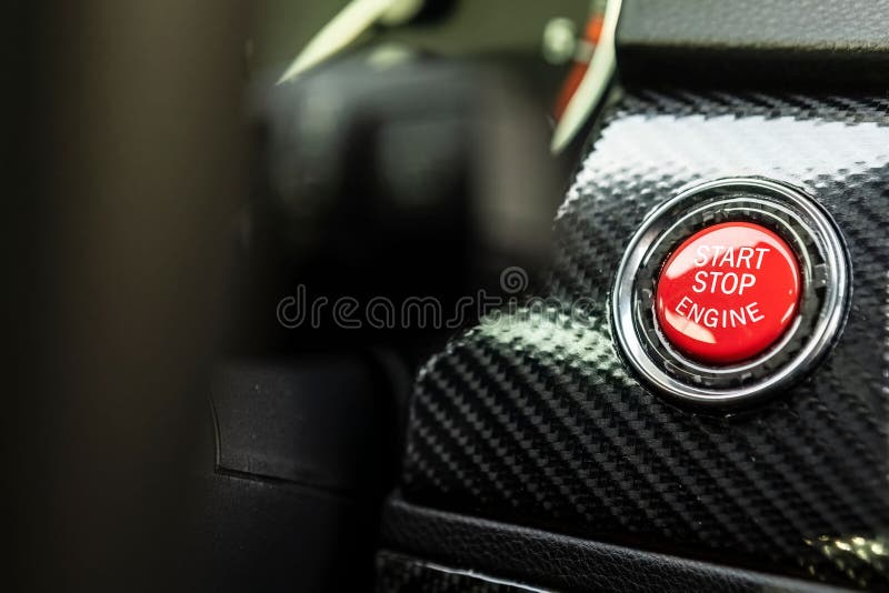 Red Engine Start Button Detail. Car Dashboard with Focus on Red Engine ...