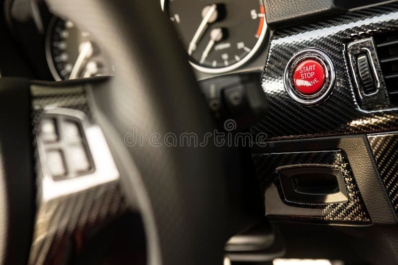 Red Engine Start Button Detail. Car Dashboard with Focus on Red Engine ...