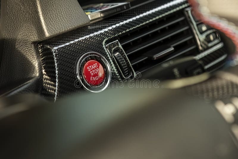Red Engine Start Button Detail. Car Dashboard with Focus on Red Engine ...