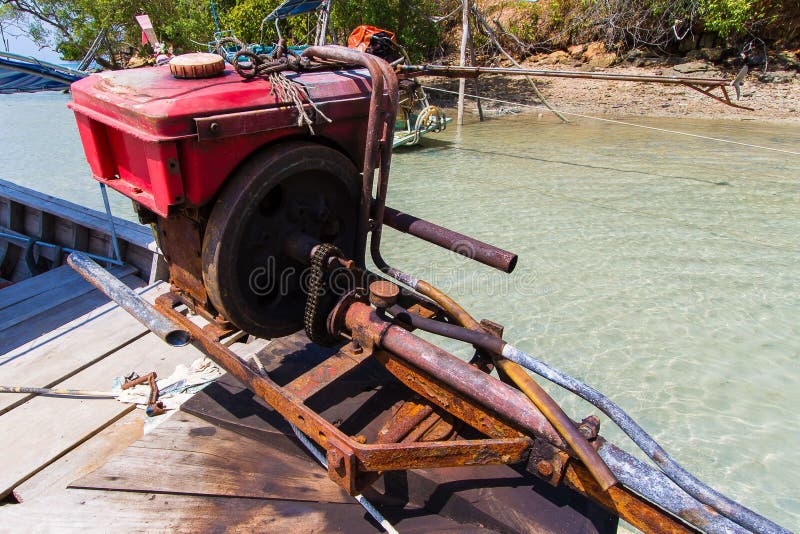Red Engine of a Vintage Rusty Boat on the Lake Water Stock Image ...