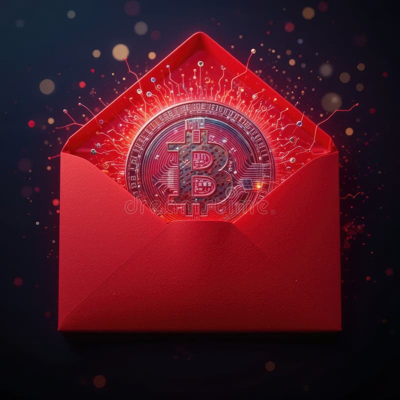 Red Envelope with Bitcoin Symbol Surrounded by Digital Connections and ...