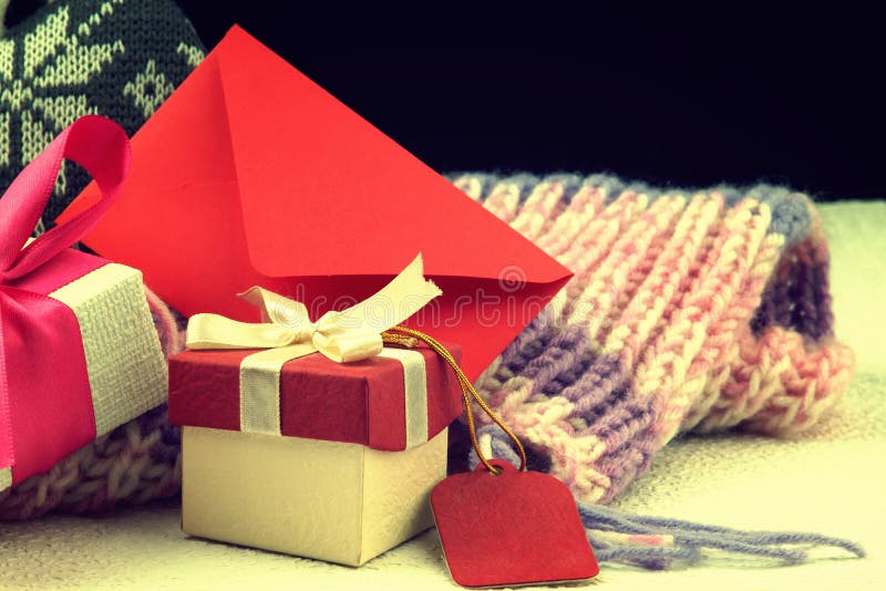 Red Envelope, Christmas Gift Boxes and Winter Scarf Stock Photo - Image ...