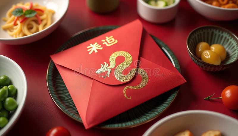Red Envelope with Dragon Design on Festive Table; Traditional ...