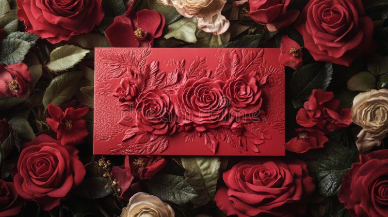 Red Envelope with Embossed Rose Design Surrounded by Roses Stock ...