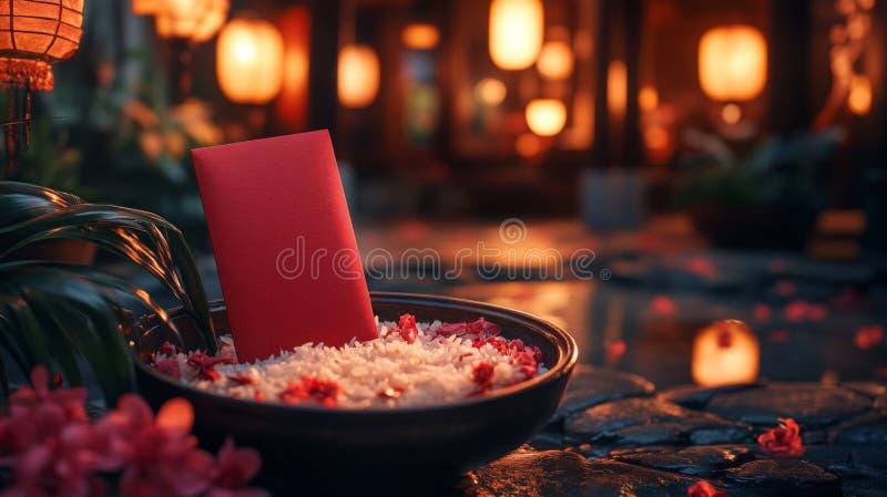 Red Envelope Resting on Rice with Flower Petals Stock Illustration ...