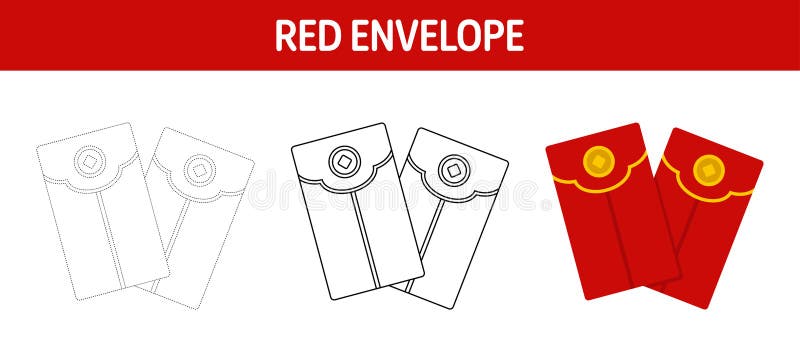 Red Envelope Tracing and Coloring Worksheet for Kids Stock Vector ...