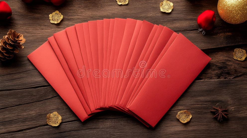 Red Envelopes Arranged in a Fan Shape on Wood Stock Illustration ...