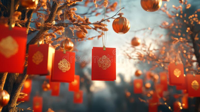 Red Envelopes and Golden Ornaments Hanging on a Tree Branch Stock ...