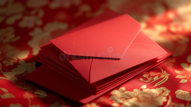 Red Envelopes Stacked on Red Fabric Background Stock Illustration ...