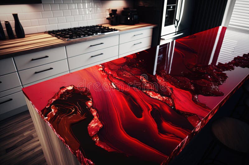 Red Epoxy Resin Kitchen Countertops. Generative AI Stock Illustration ...