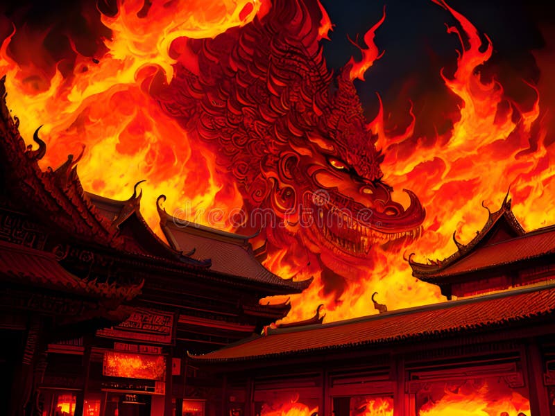 Red Evil Monster Head with Fire on the Temple in the Background, AI ...