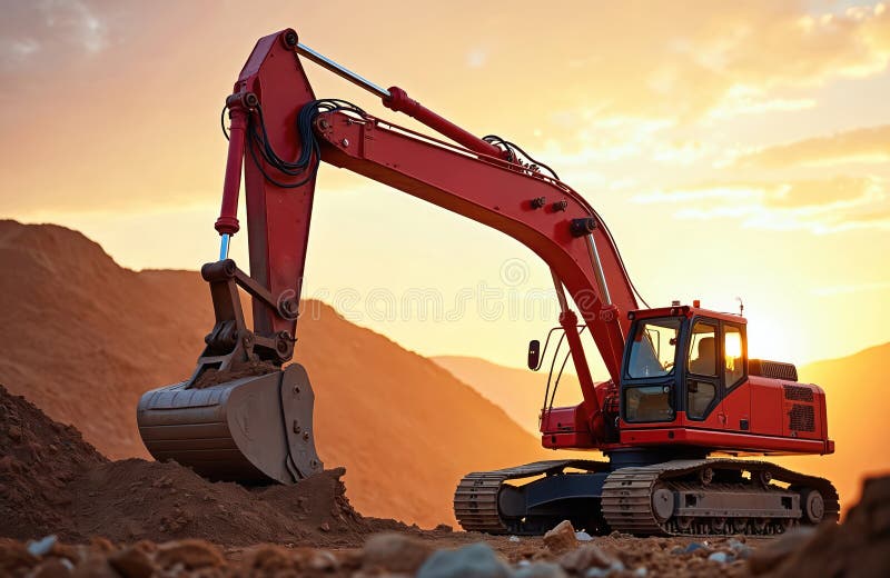 Red Excavator Digs Ground at Open-pit Mining. Earthmoving Heavy ...